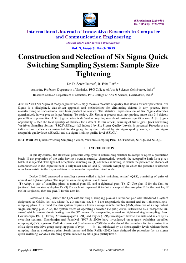 (PDF) Construction and Selection of Six Sigma Quick Switching Sampling System: Sample Size ...