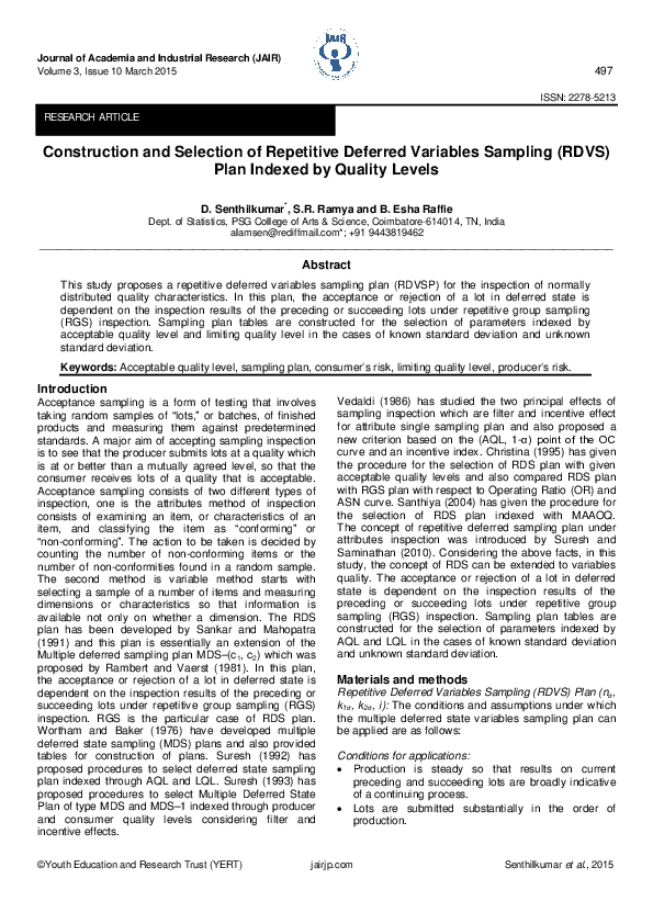 (PDF) Construction and Selection of Repetitive Deferred Variables Sampling (RDVS) Plan Indexed ...