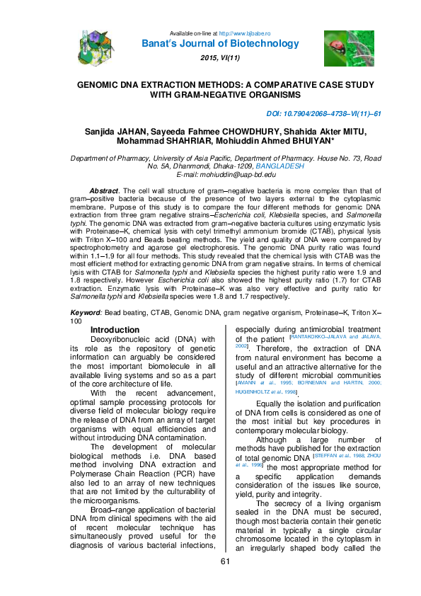 Pdf Genomic Dna Extraction Methods A Comparative Case Study With