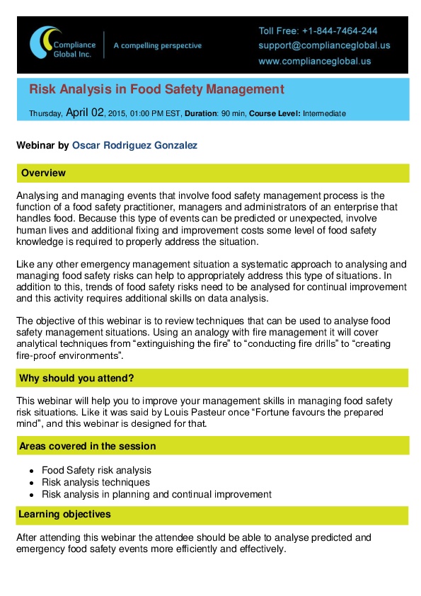 Pdf Risk Analysis In Food Safety Management By Compliance Global