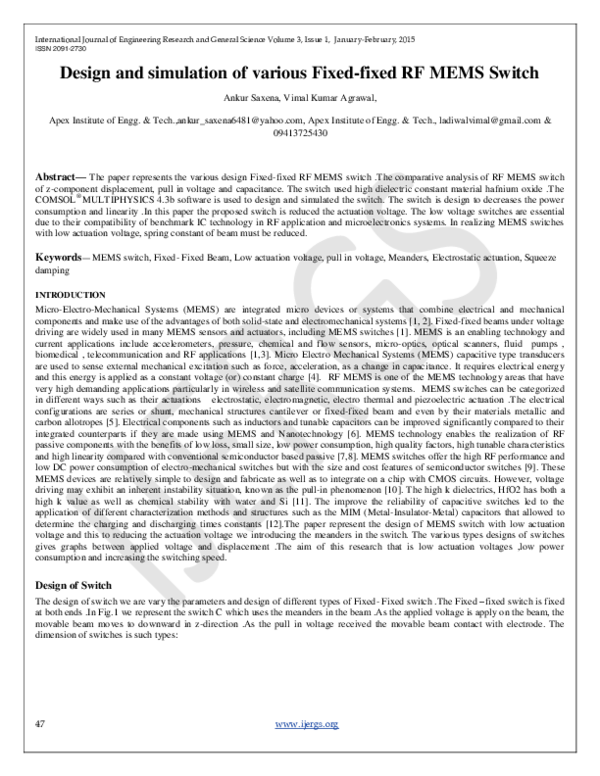 Pdf Design And Simulation Of Various Fixed Fixed Rf Mems Switch