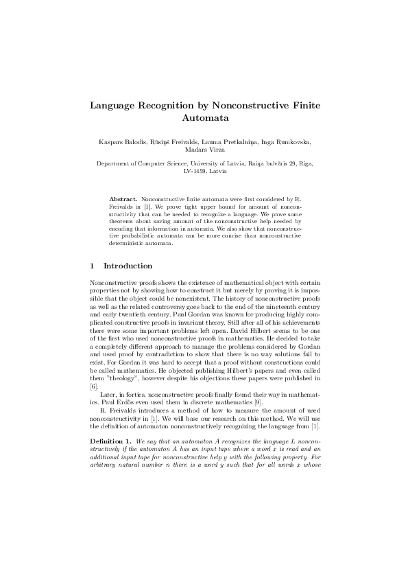 (PDF) Language Recognition by Nonconstructive Finite Automata