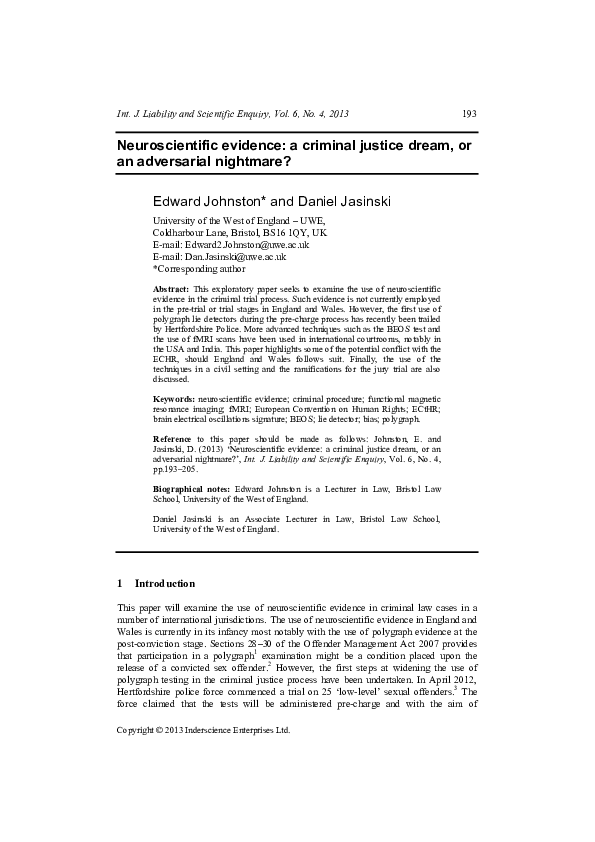 (PDF) Neuroscientific evidence: a criminal justice dream, or an ...