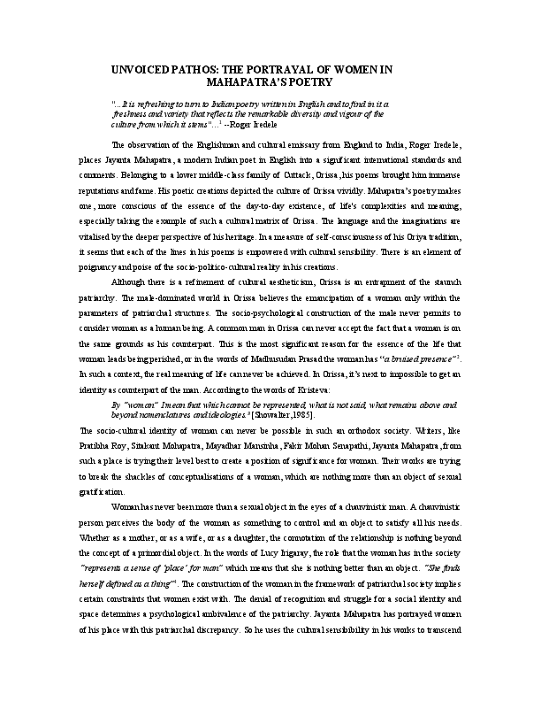 (DOC) Unvoiced Pathos: The Portrayal of Women In Jayanta Mahapatra's Poetry