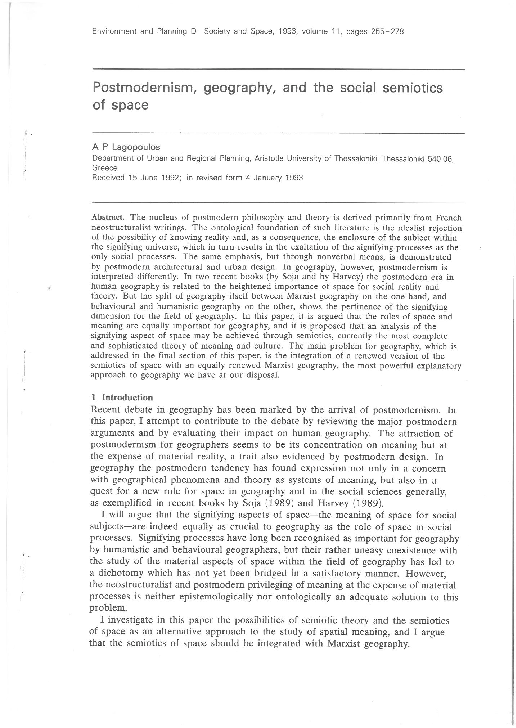 (PDF) Postmodernism, geography, and the social semiotics of space