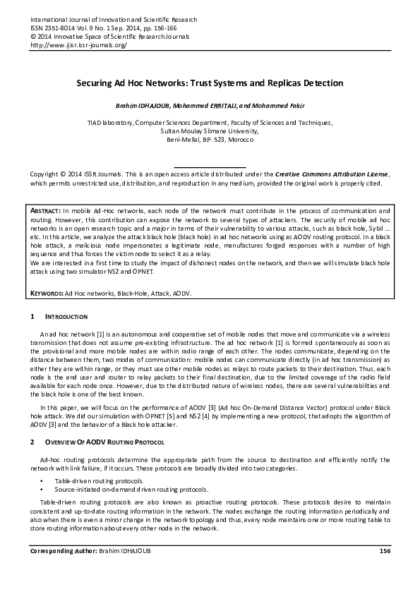 (PDF) Securing Ad Hoc Networks: Trust Systems and Replicas Detection