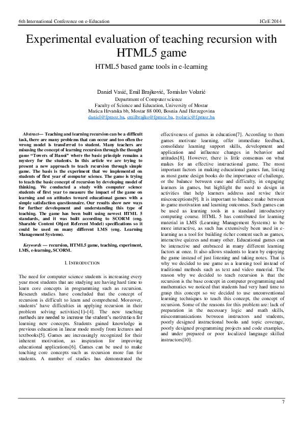 (PDF) Experimental evaluation of teaching recursion with HTML5 game HTML5 based game tools in e ...