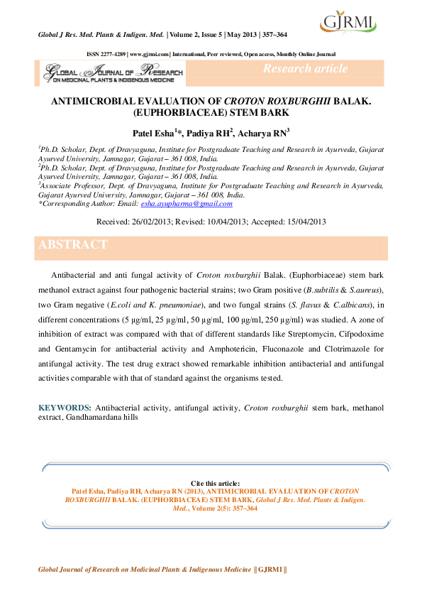 (PDF) ANTIMICROBIAL EVALUATION OF CROTON ROXBURGHII BALAK ...