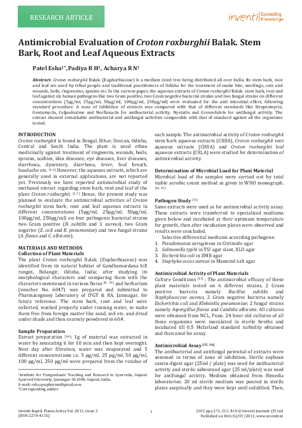 (PDF) Antimicrobial Evaluation of Croton roxburghii Balak. Stem Bark ...