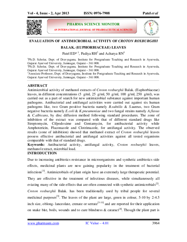 (PDF) EVALUATION OF ANTIMICROBIAL ACTIVITY OF CROTON ROXBURGHII BALAK ...