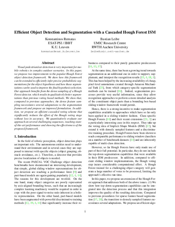 Pdf Efficient Object Detection And Segmentation With A Cascaded Hough