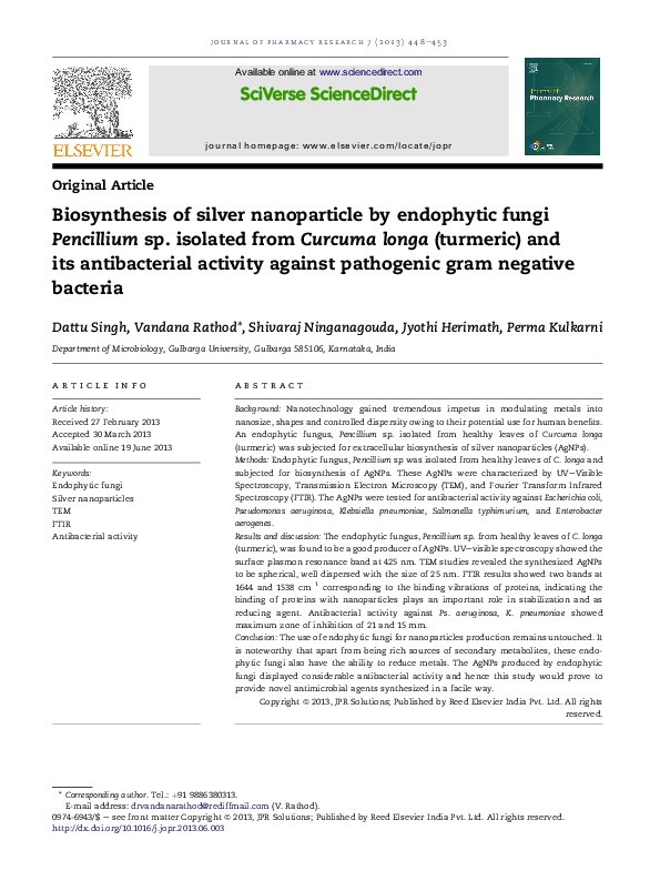 (PDF) Biosynthesis of silver nanoparticle by endophytic fungi Pencillium sp. isolated from ...