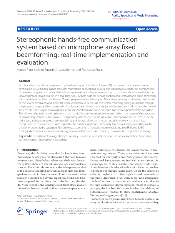 (PDF) Stereophonic Hands-Free Communication System based on Microphone Array Fixed Beamforming ...