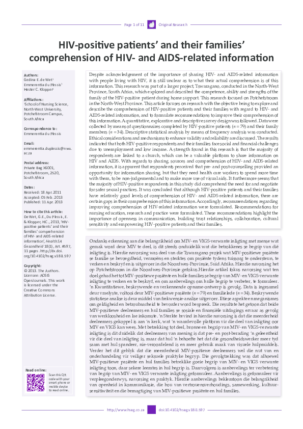 (PDF) HIV-positive patients' and their families' comprehension of HIV ...