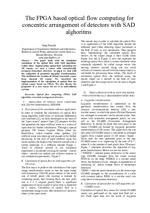 Pdf The Fpga Based Optical Flow Computing For Concentric Arrangement Of Detectors With Sad