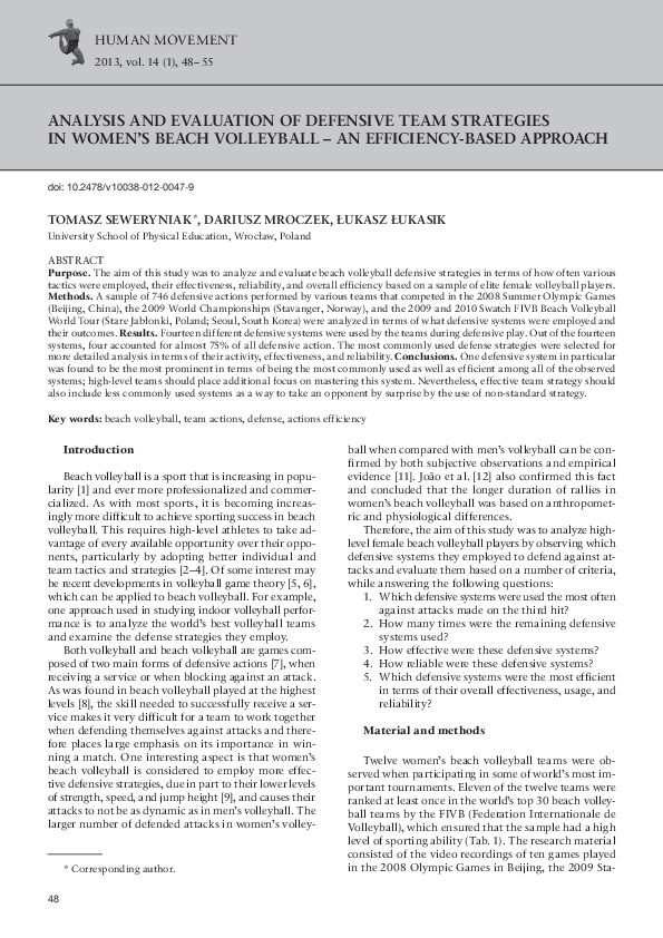 Pdf Human Movement Analysis And Evaluation Of Defensive Team Strategies In Womens Beach