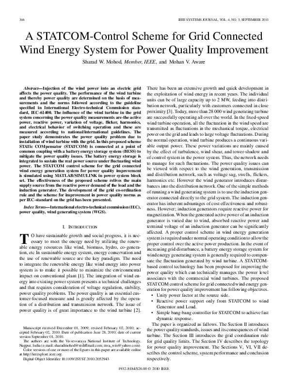 Pdf Statcom Control Scheme For Grid Connected Wind Energy System For