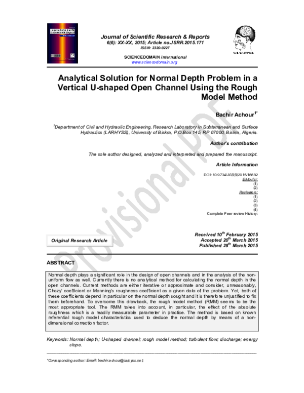 (PDF) Analytical Solution for Normal Depth Problem in a Vertical U-Shaped Open Channel Using the ...