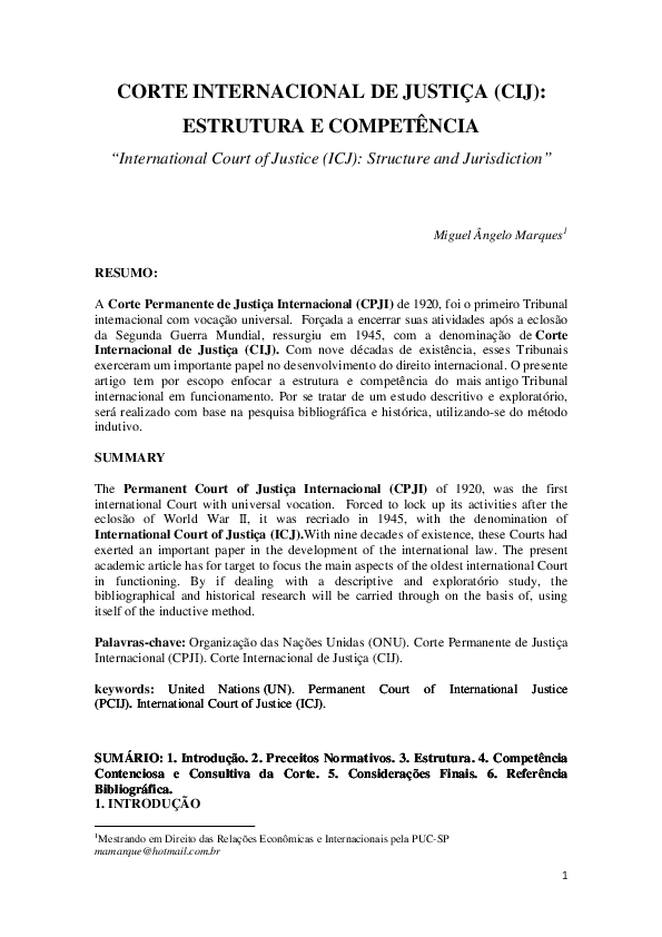 (PDF) CORTE INTERNACIONAL DE JUSTIÇA (CIJ): ESTRUTURA E COMPETÊNCIA