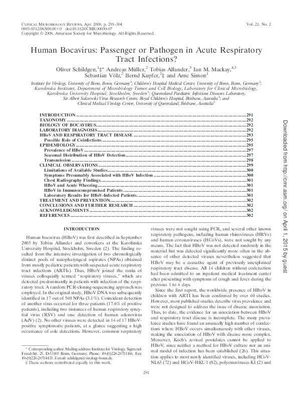 (PDF) Human Bocavirus: Passenger or Pathogen in Acute Respiratory Tract ...