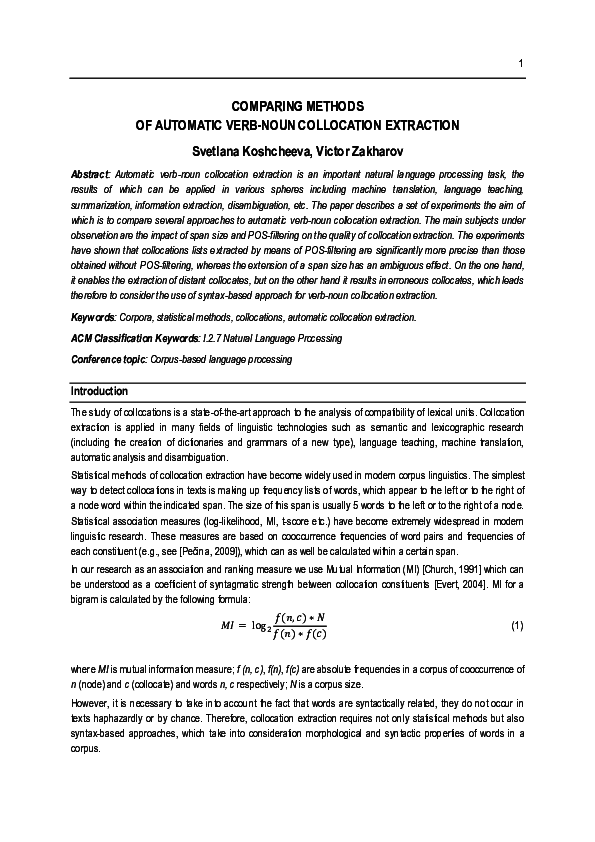 Comparing Methods Of Automatic Verb Noun Collocation Extraction