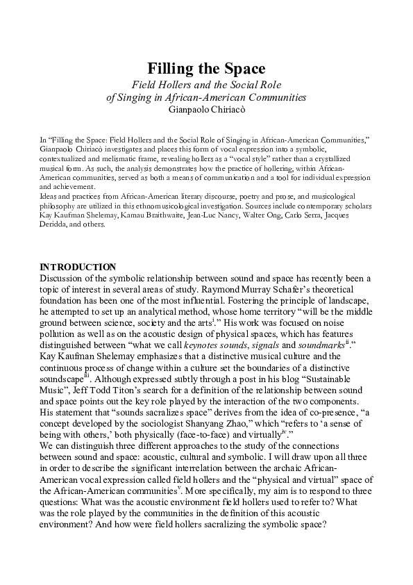(PDF) Filling the Space. Field Hollers and the Social Role of Singing ...