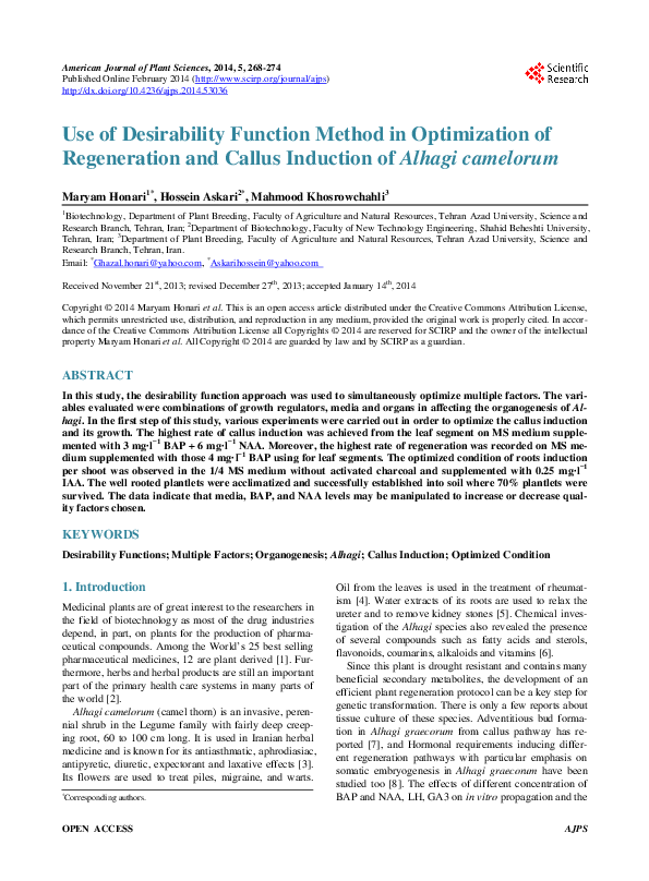(PDF) Use of Desirability Function Method in Optimization of Regeneration and Callus Induction ...