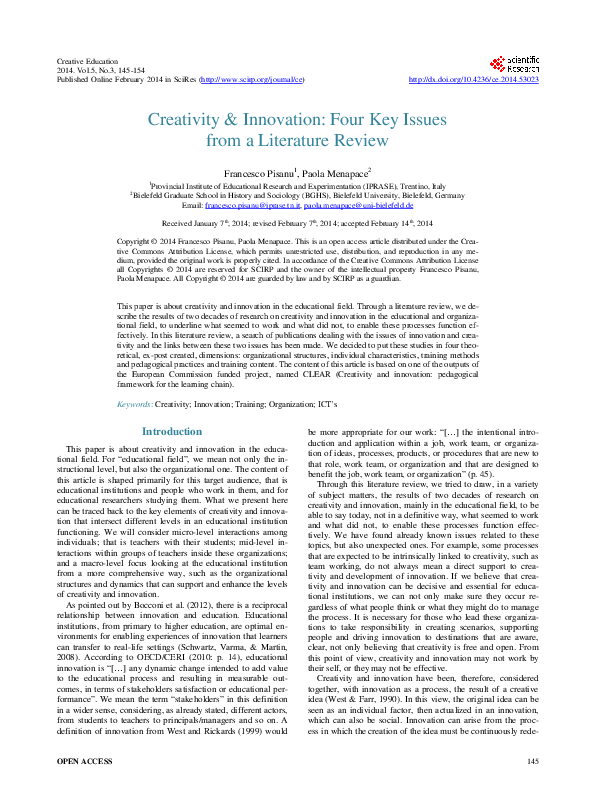 (PDF) Creativity & Innovation: Four Key Issues from a Literature Review