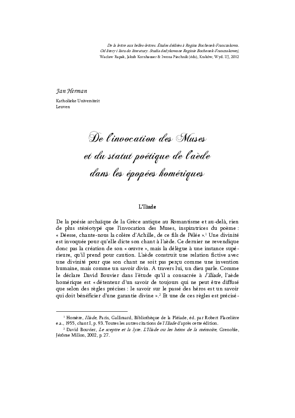 (PDF) De l'invocation des muses et du statut poétique de l'aède dans ...