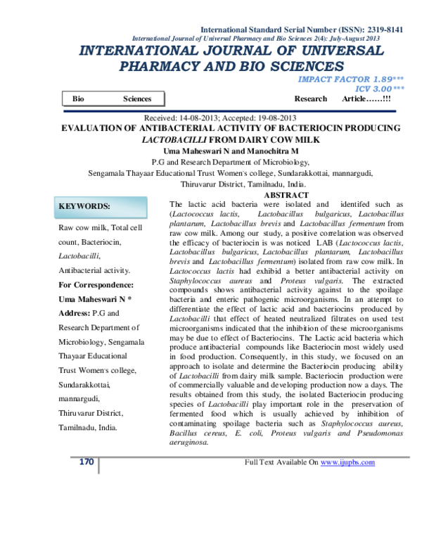 (PDF) EVALUATION OF ANTIBACTERIAL ACTIVITY OF BACTERIOCIN PRODUCING LACTOBACILLI FROM DAIRY COW MILK