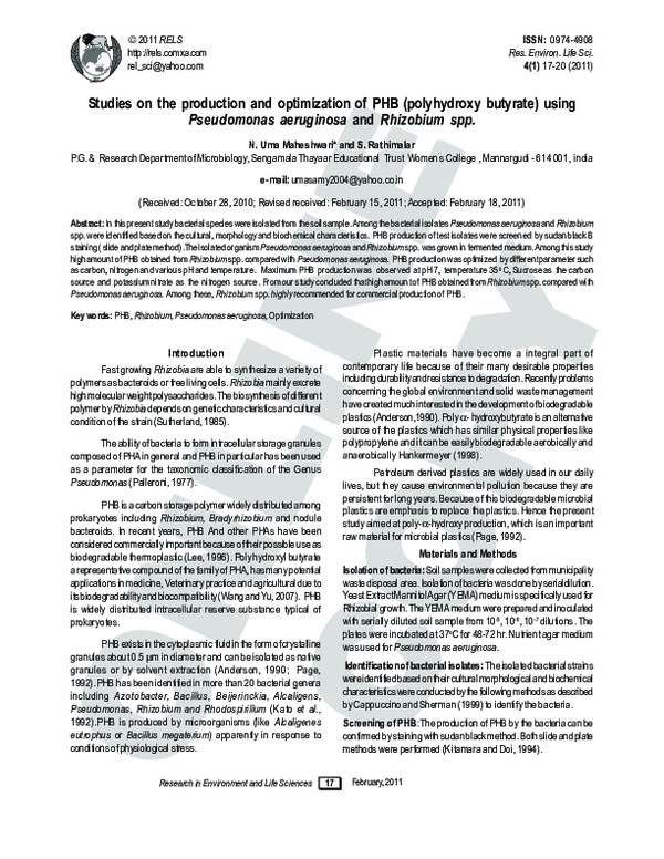 (PDF) Studies on the production and optimization of PHB (polyhydroxy butyrate) using Pseudomonas ...