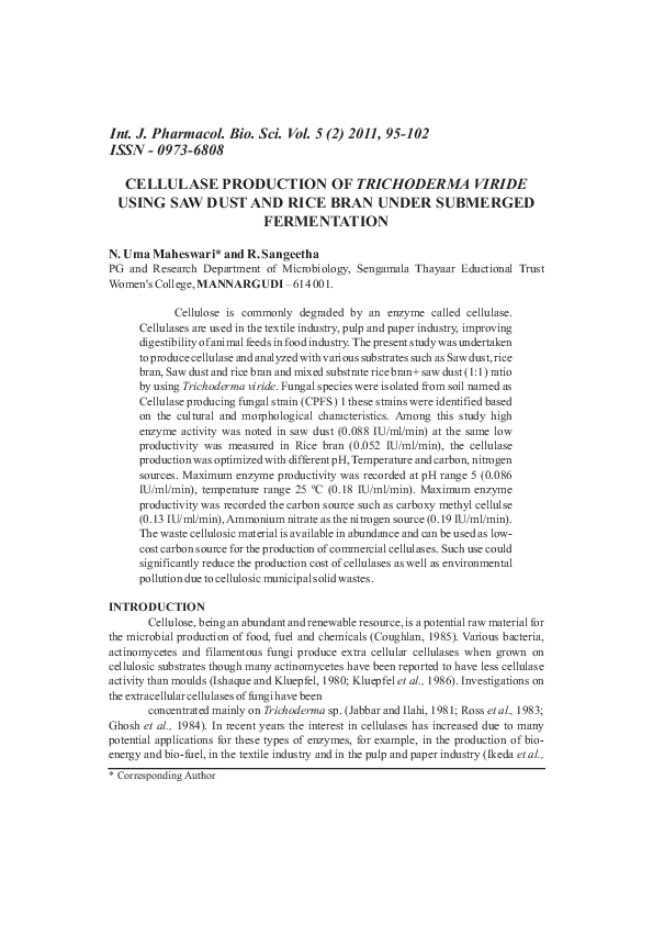 (PDF) CELLULASE PRODUCTION OF TRICHODERMA VIRIDE USING SA W DUST AND RICE BRAN UNDER SUBMERGED ...