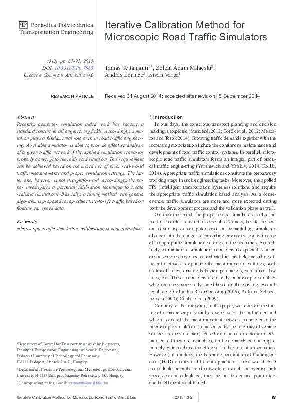 Pdf Iterative Calibration Method For Microscopic Road Traffic Simulator