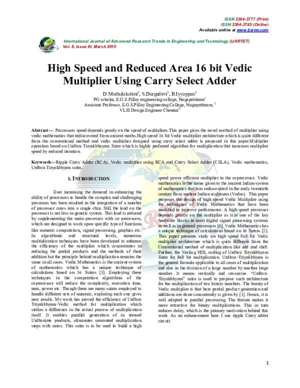 (PDF) High Speed and Reduced Area 16 bit Vedic Multiplier Using Carry ...