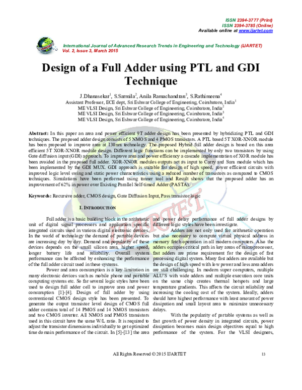 (PDF) Design of a Full Adder using PTL and GDI Technique