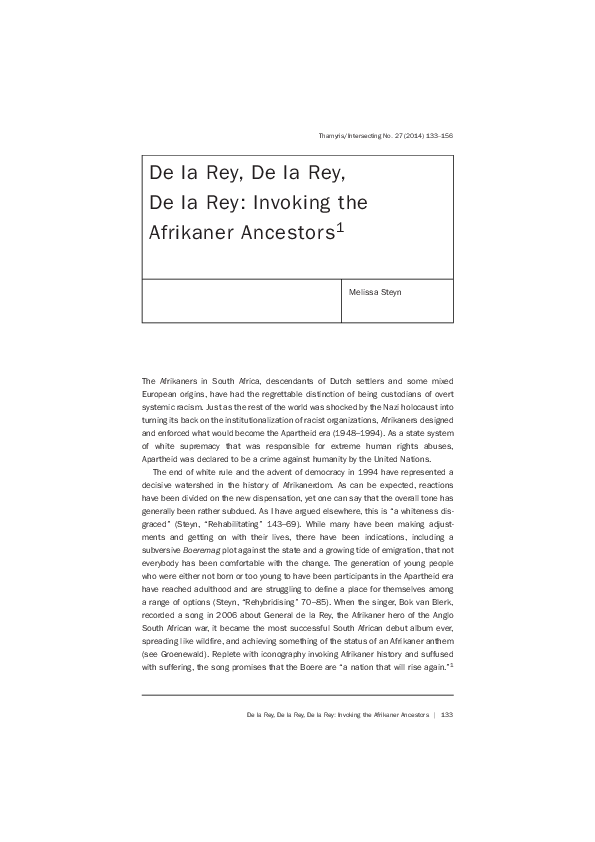 (PDF) De la Rey, De la Rey, De la Rey: Invoking the Afrikaner Ancestors