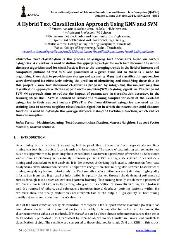 A Hybrid Text Classification Approach Using Knn And Svm 
