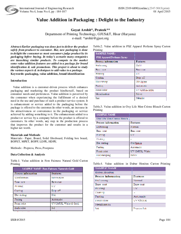 (PDF) Value Addition in Packaging : Delight to the Industry