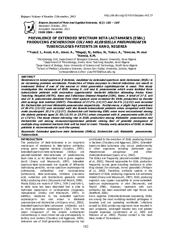 (PDF) Prevalence of Extended Spectrum Beta Lactamases (ESBL) Producing Escherichia coli and ...