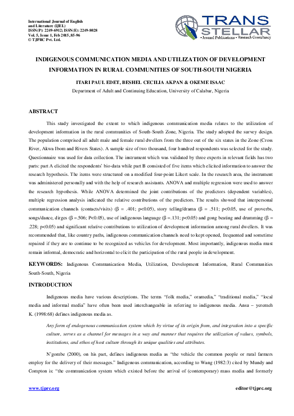 (PDF) INDIGENOUS COMMUNICATION MEDIA AND UTILIZATION OF DEVELOPMENT ...