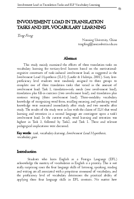 (PDF) Involvement Load in Translation Tasks and EFL Vocabulary Learning