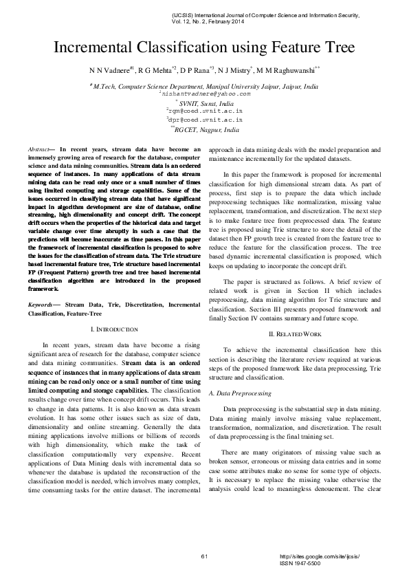 Pdf Incremental Classification Using Feature Tree