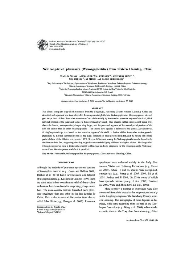 (PDF) New long-tailed pterosaurs (Wukongopteridae) from western ...