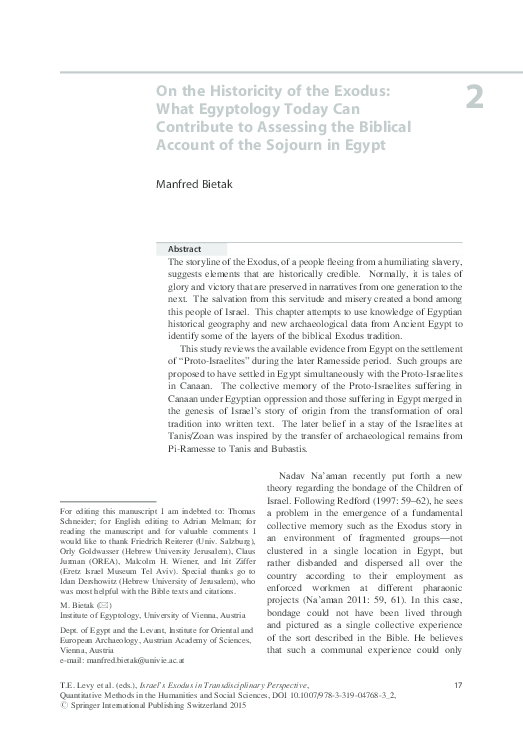 “On the Historicity of the Exodus: What Egyptology Today Can Contribute ...