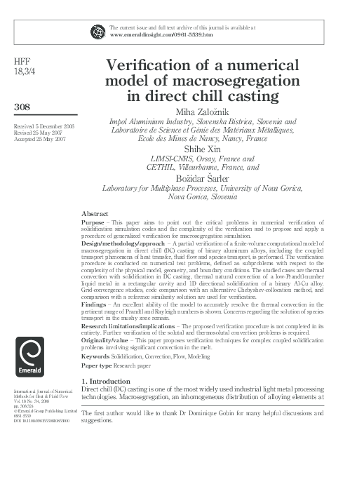 (PDF) Verification of a numerical model of macrosegregation in direct chill casting