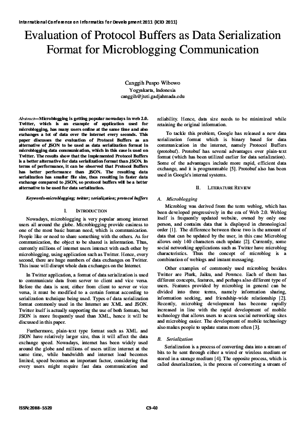 Pdf Evaluation Of Protocol Buffers As Data Serialization Format For Microblogging Communication
