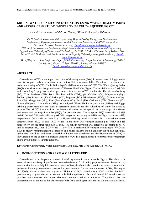 (PDF) GROUNDWATER QUALITY INVESTIGATION USING WATER QUALITY INDEX AND ARCGIS: CASE STUDY ...