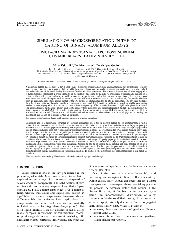 (PDF) SIMULATION OF MACROSEGREGATION IN THE DC CASTING OF BINARY ALUMINUM ALLOYS SIMULACIJA ...