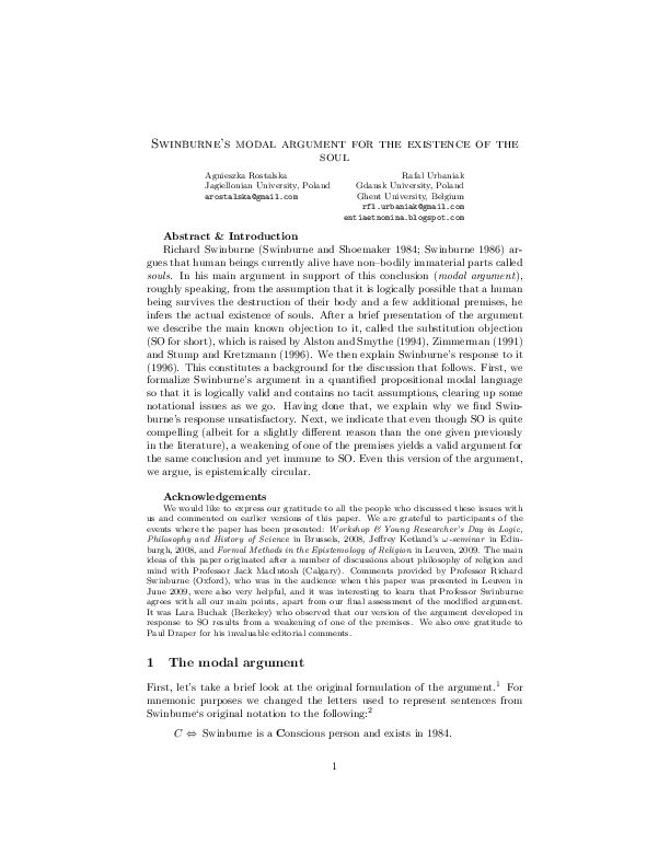 (PDF) Swinburne's modal argument for the existence of the soul