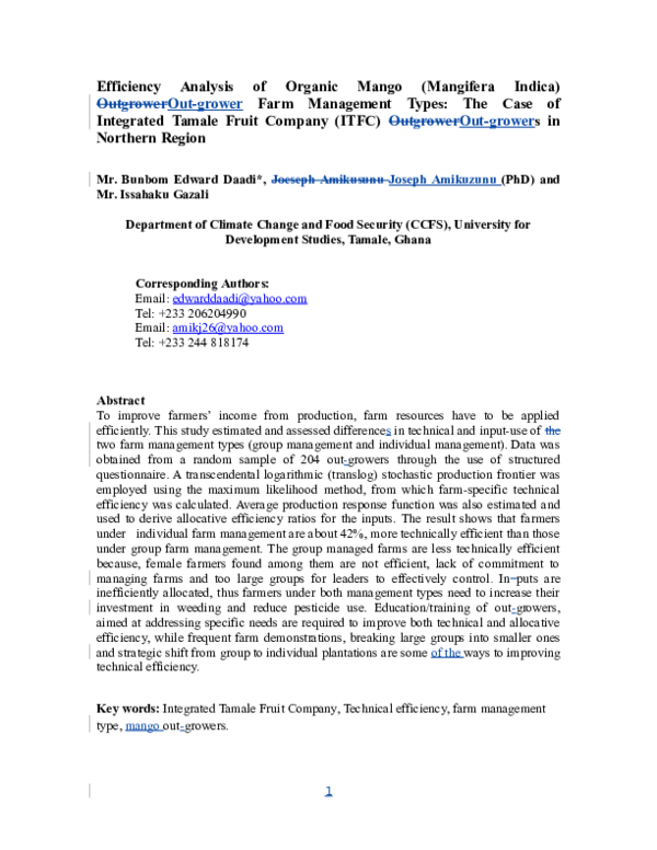 (DOC) Efficiency Analysis of Organic Mango (Mangifera Indica ...